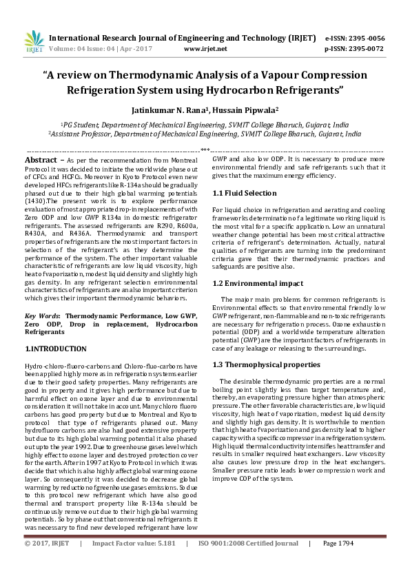 (PDF) " A review on Thermodynamic Analysis of a Vapour Compression Refrigeration System using ...
