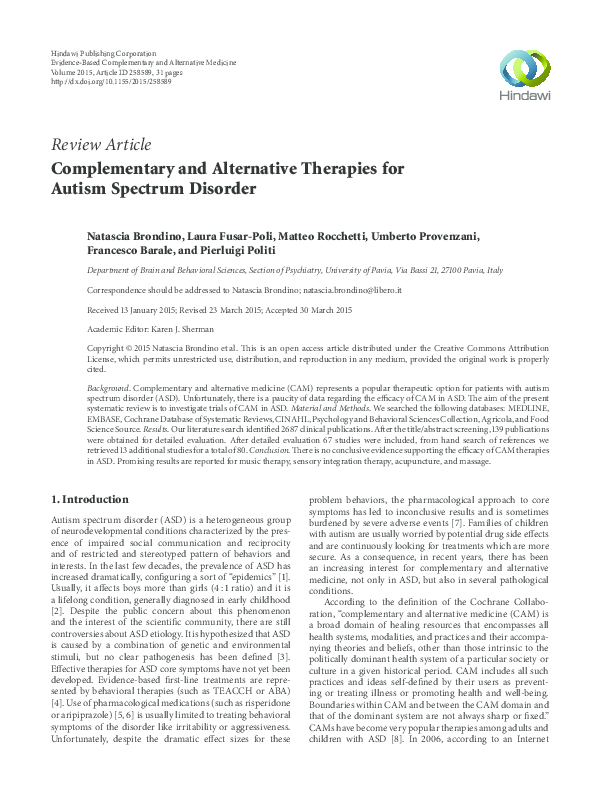 (PDF) Complementary and Alternative Therapies for Autism Spectrum Disorder