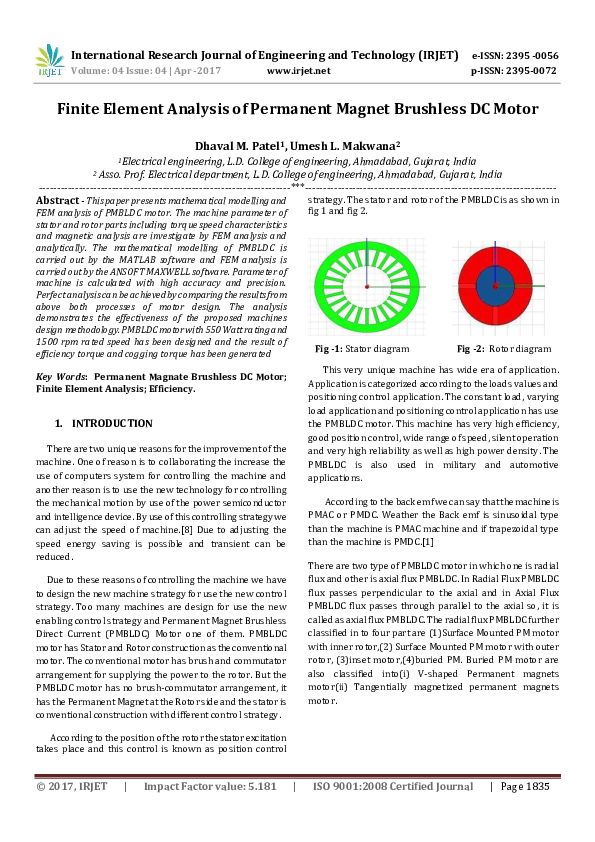 (PDF) Finite Element Analysis of Permanent Magnet Brushless DC Motor