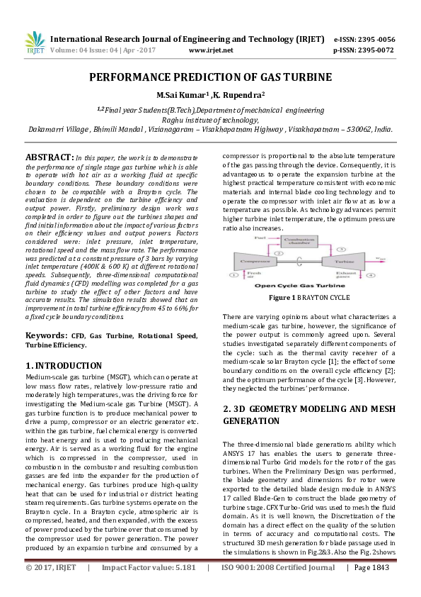 Pdf Performance Prediction Of Gas Turbine