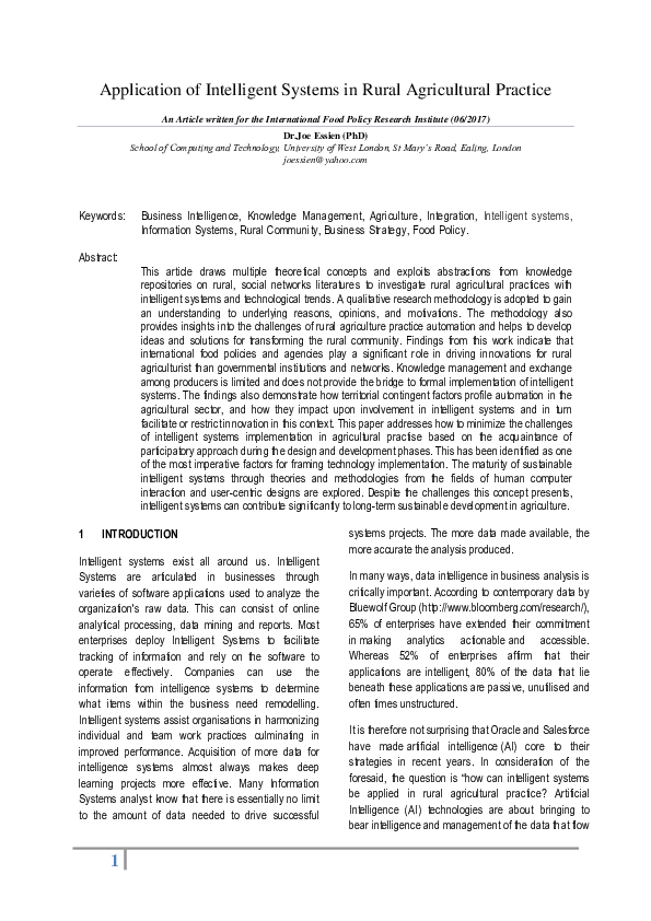 (PDF) Application of Intelligent Systems in Rural Agricultural Practice