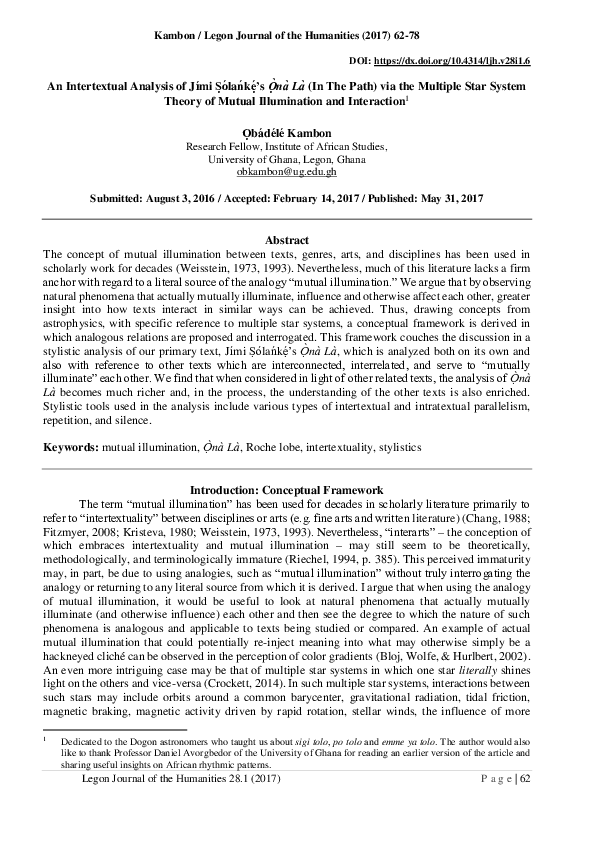 (PDF) An Intertextual Analysis of Jími Ṣólańkẹ́’s Ọ̀nà Là (In The Path ...