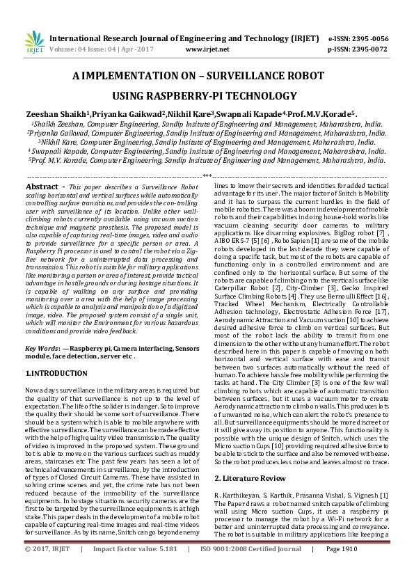Pdf A Implementation On Surveillance Robot Using Raspberry Pi Technology