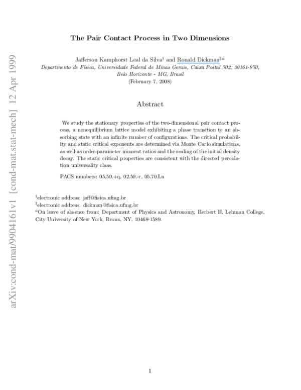 (PDF) Pair contact process in two dimensions
