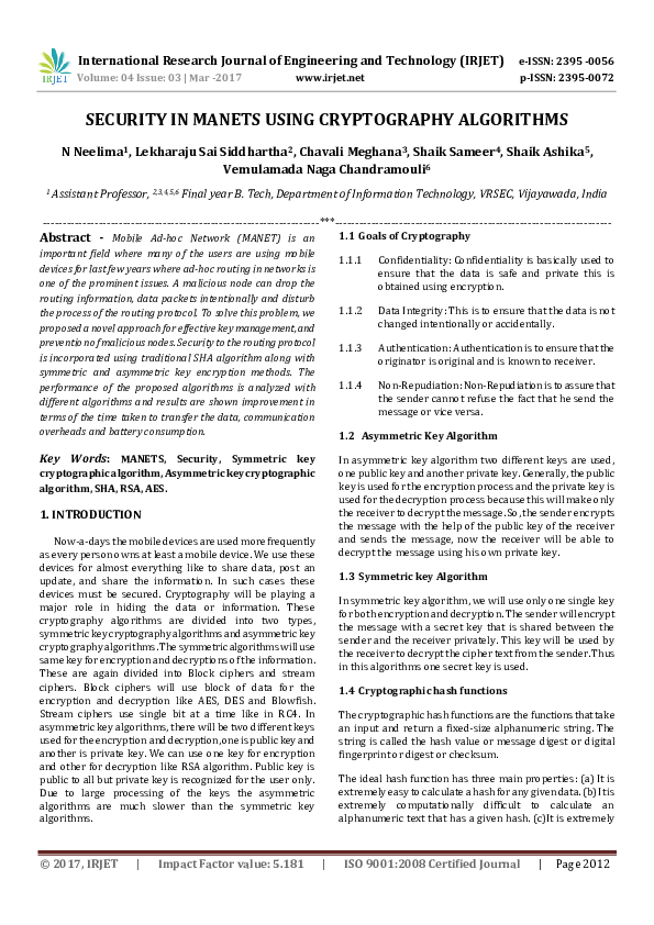 Pdf Security In Manets Using Cryptography Algorithms
