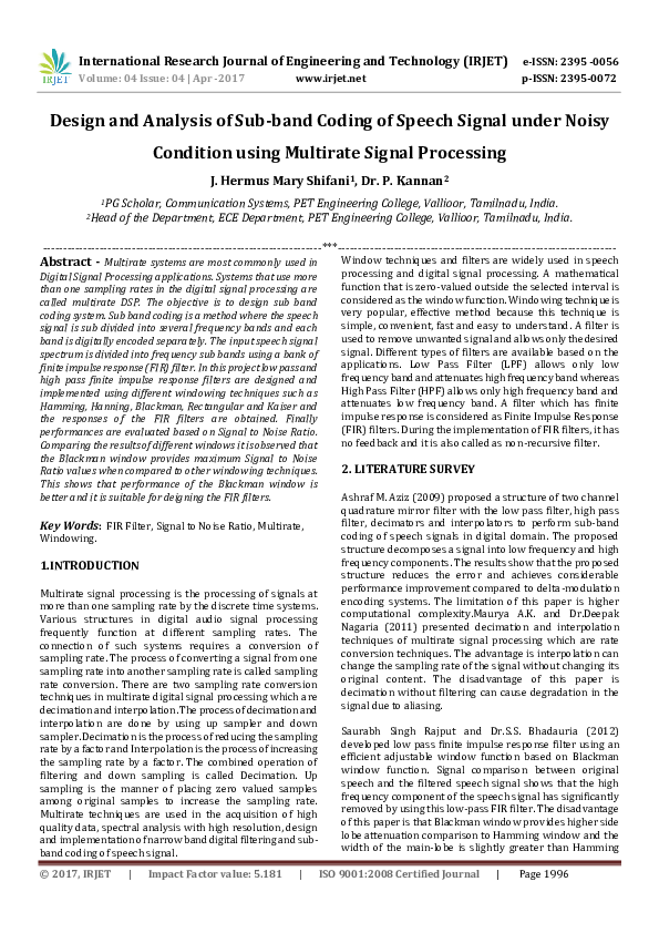 (PDF) Design and Analysis of Sub-band Coding of Speech Signal under Noisy Condition using ...