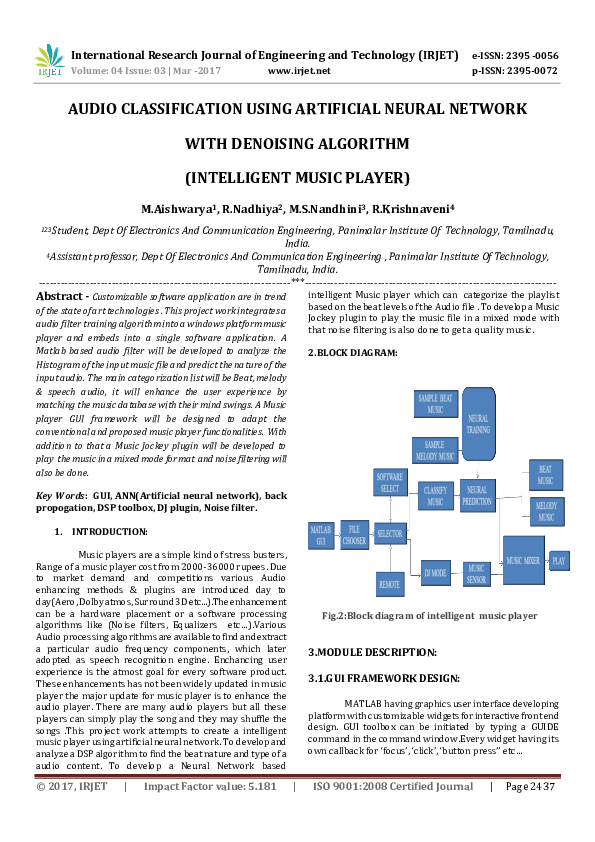 Pdf Audio Classification Using Artificial Neural Network With Denoising Algorithm Intelligent