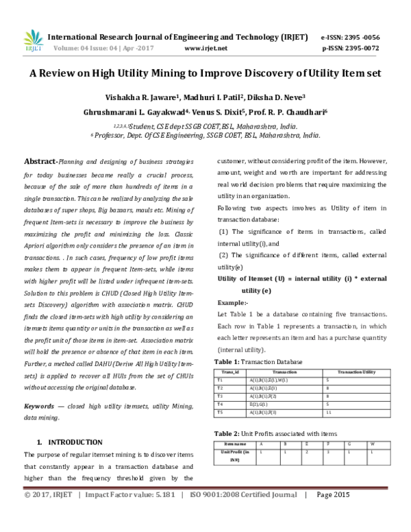 (PDF) A Review on High Utility Mining to Improve Discovery of Utility ...