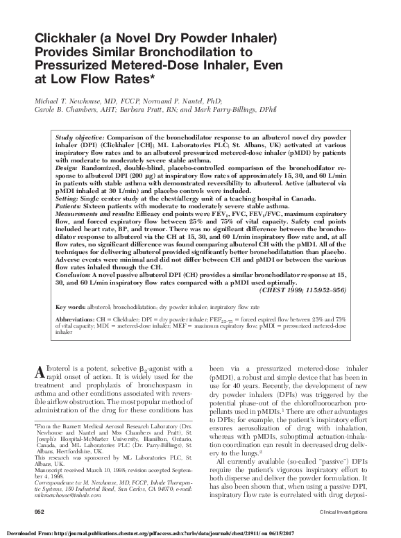(PDF) Clickhaler (a Novel Dry Powder Inhaler) Provides Similar ...