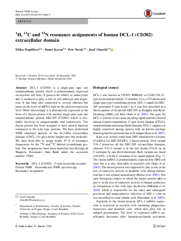 (PDF) H, 13 C and 15 N resonance assignments of human DCL-1 (CD302) extracellular domain