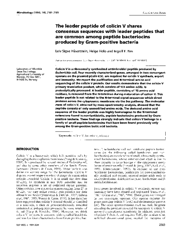 Pdf The Leader Peptide Of Colicin V Shares Consensus Sequences With Leader Peptides That Are
