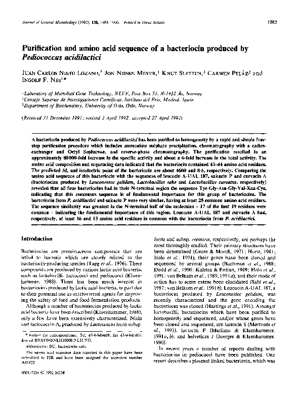 (PDF) Purification and amino acid sequence of a bacteriocin produced by Pediococcus acidilactici