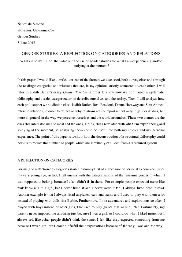 (PDF) GENDER STUDIES: A REFLECTION ON CATEGORIES AND RELATIONS