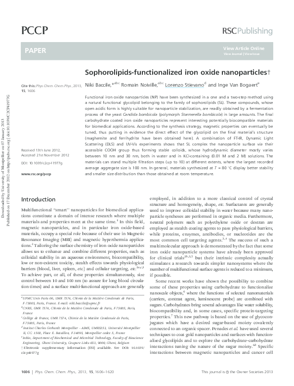 (PDF) Sophorolipids-functionalized iron oxide nanoparticles