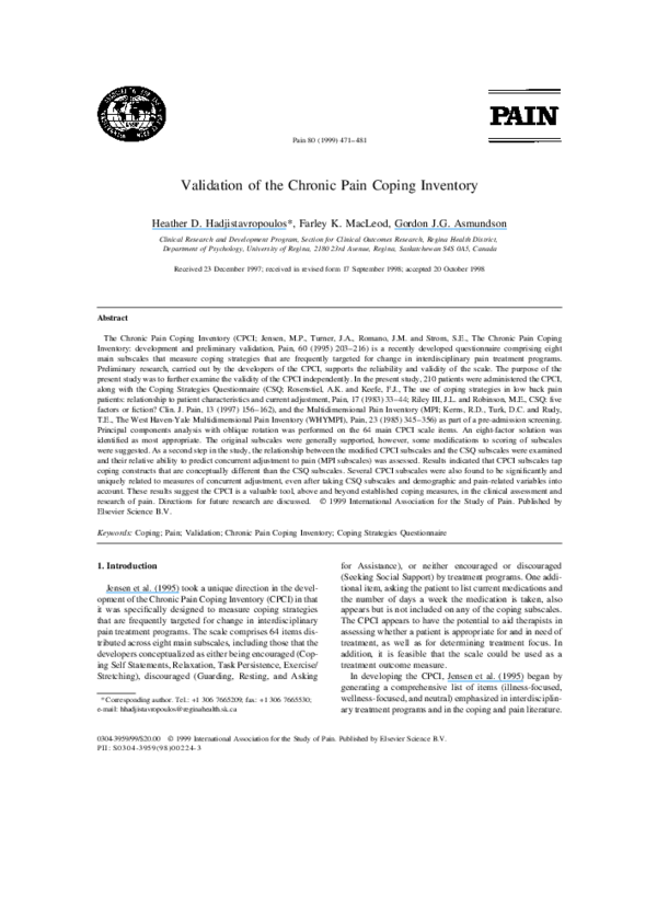 (PDF) Validation of the Chronic Pain Coping Inventory