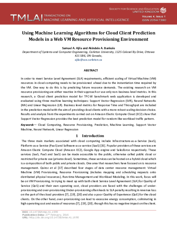 Pdf Using Machine Learning Algorithms For Cloud Client Prediction