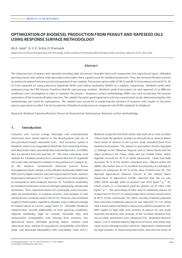 (PDF) Optimization of Biodiesel Production from Peanut and Rapeseed ...