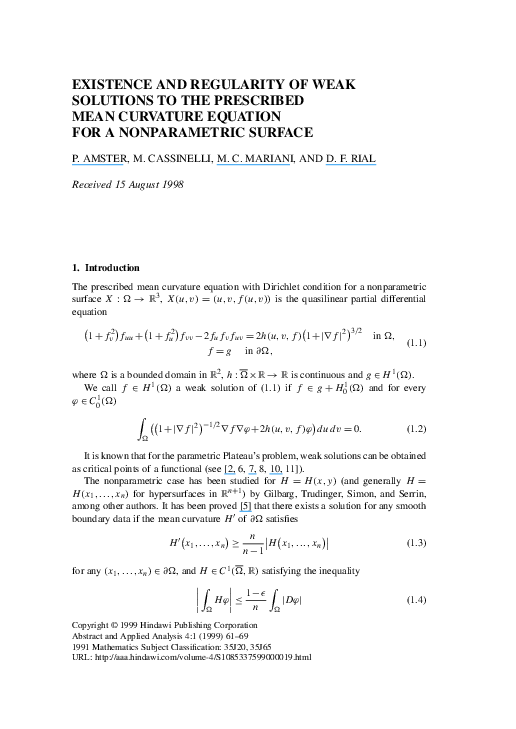 (PDF) Existence and regularity of weak solutions to the prescribed mean curvature equation for a ...