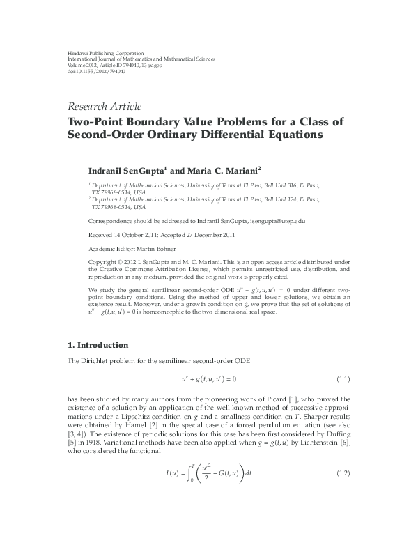 Pdf Two Point Boundary Value Problems For A Class Of Second Order Ordinary Differential Equations