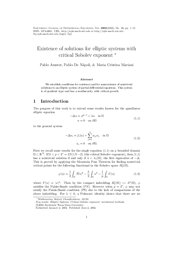 (PDF) Existence of solutions for elliptic systems with critical Sobolev exponent