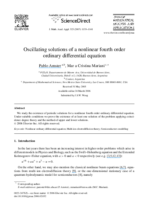 Pdf Oscillating Solutions Of A Nonlinear Fourth Order Ordinary
