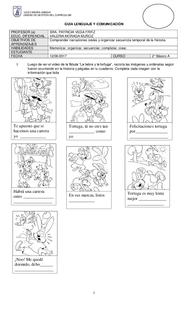 (DOC) Guia COMPRENSIÓN ORAL la liebre y la tortuga