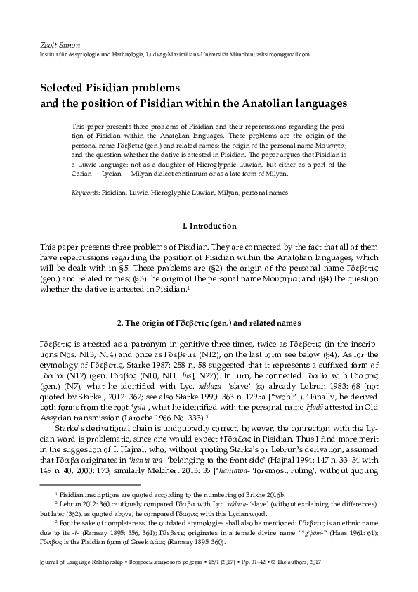 (PDF) Selected Pisidian Problems and the Position of Pisidian within ...