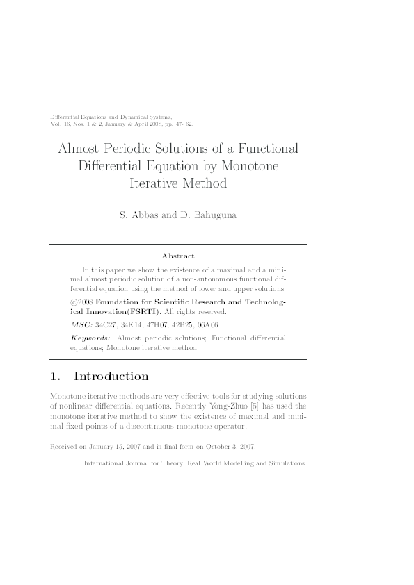 (PDF) Almost periodic solutions of a functional differential equation by monotone iterative method