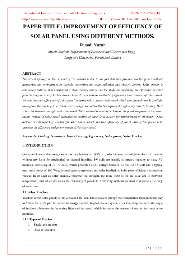 (PDF) PAPER TITLE: IMPROVEMENT OF EFFICIENCY OF SOLAR PANEL USING ...