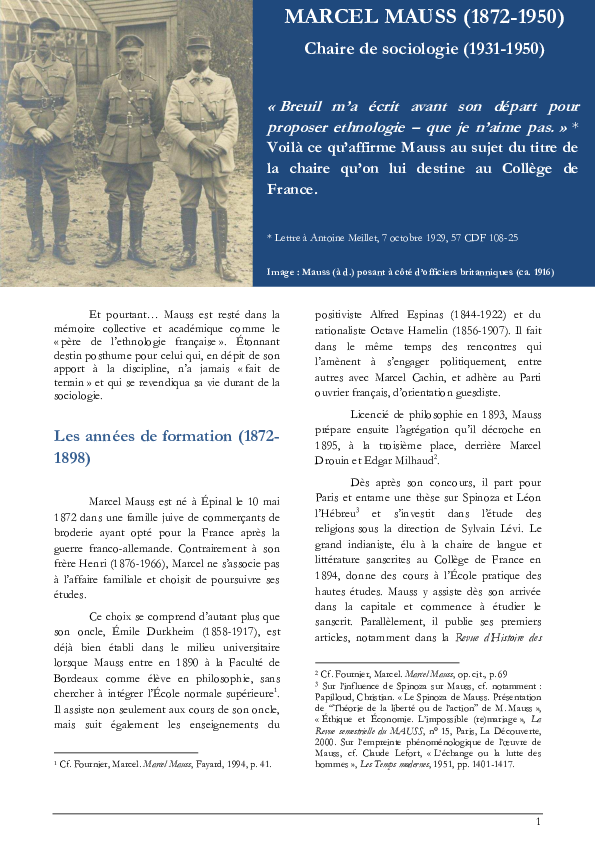 (PDF) Biographie de Marcel Mauss - présentation pour le fonds d'archives