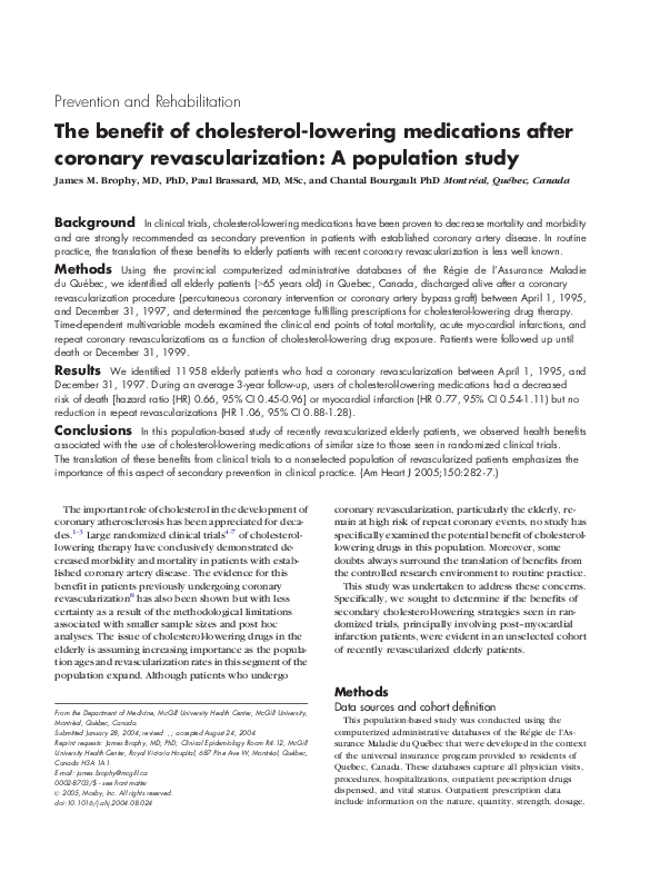 (PDF) The benefit of cholesterol-lowering medications after coronary ...
