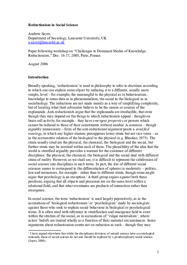 (DOC) Reductionism in Social Science