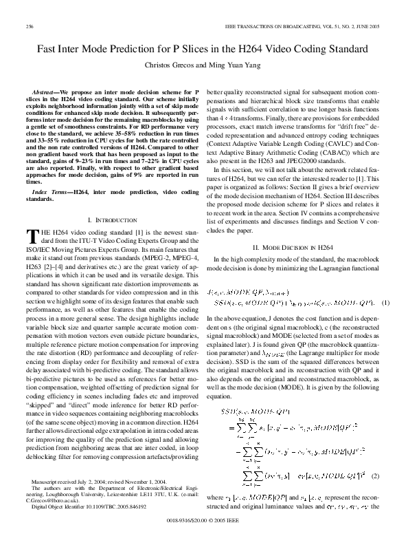 (PDF) Fast Inter Mode Prediction for P Slices in the H264 Video Coding ...