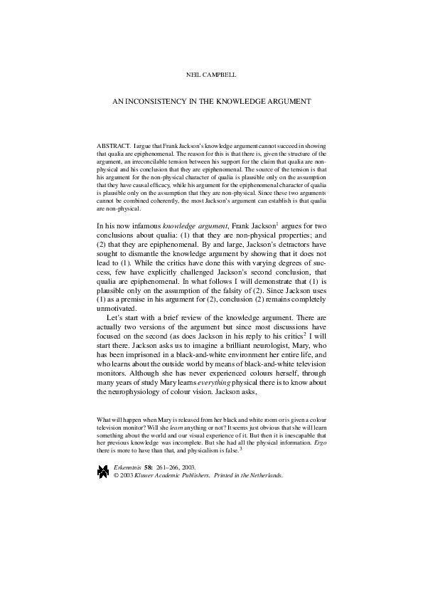 (PDF) An Inconsistency in the Knowledge Argument