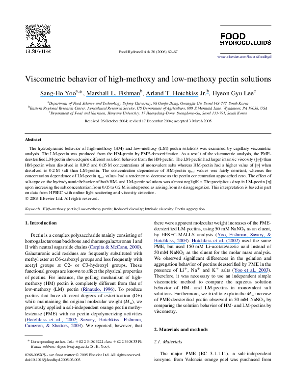 (PDF) Viscometric behavior of high-methoxy and low-methoxy pectin solutions