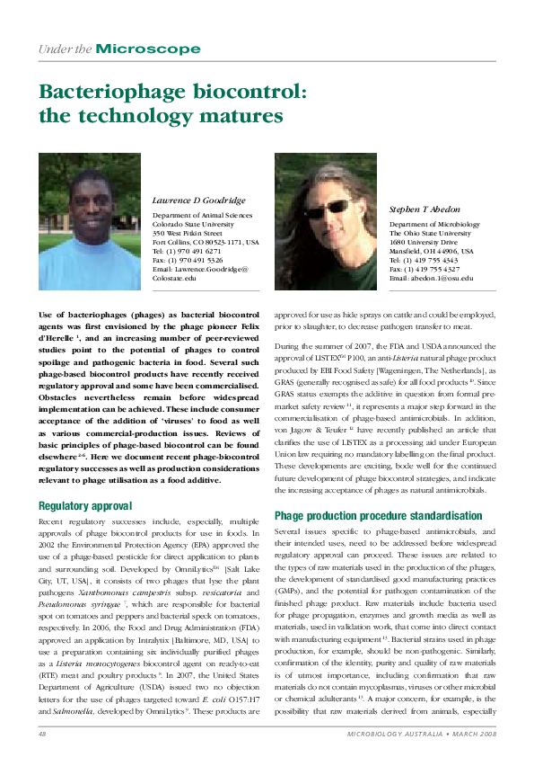 (PDF) Bacteriophage Biocontrol: The Technology Matures.