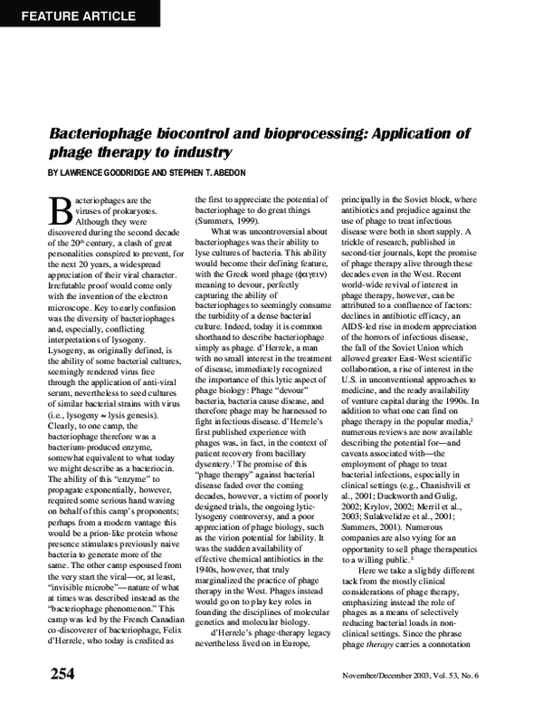 (PDF) Bacteriophage biocontrol and bioprocessing: Application of phage therapy to industry