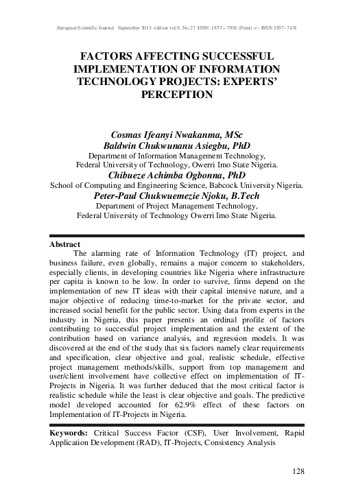 Pdf Factors Affecting Successful Implementation Of Information Technology Projects Experts