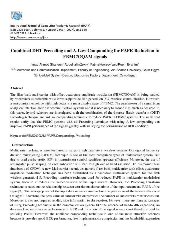 Pdf Combined Dht Precoding And A Law Companding For Papr Reduction In
