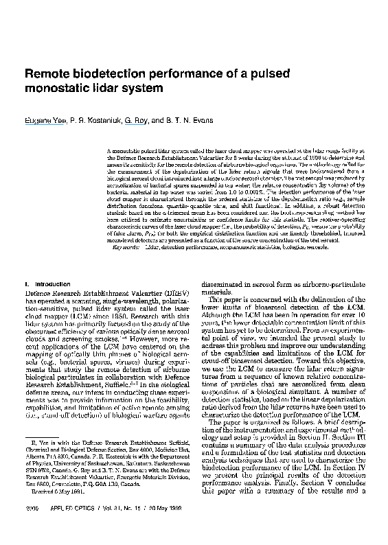 Pdf Remote Biodetection Performance Of A Pulsed Monostatic Lidar System Eugene Yee