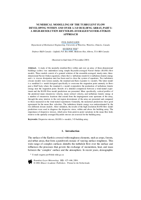 Pdf Numerical Modelling Of The Turbulent Flow Developing Within And Over A 3 D Building Array