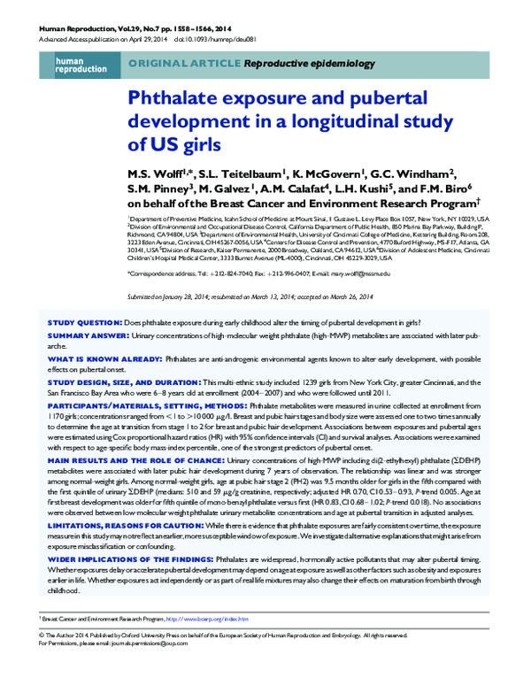 (PDF) Phthalate exposure and pubertal development in a longitudinal ...