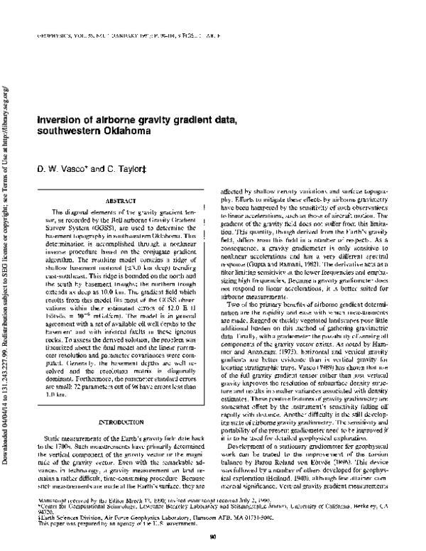(PDF) Inversion of airborne gravity gradient data, southwestern Oklahoma