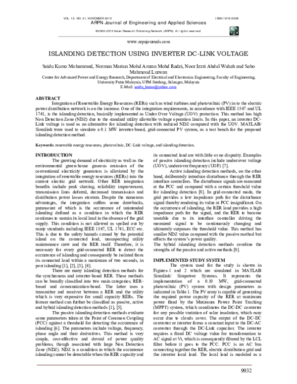 Pdf Islanding Detection Using Inverter Dc Link Voltage
