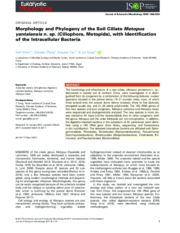 (PDF) Morphology and Phylogeny of the Soil Ciliate Metopus yantaiensis ...