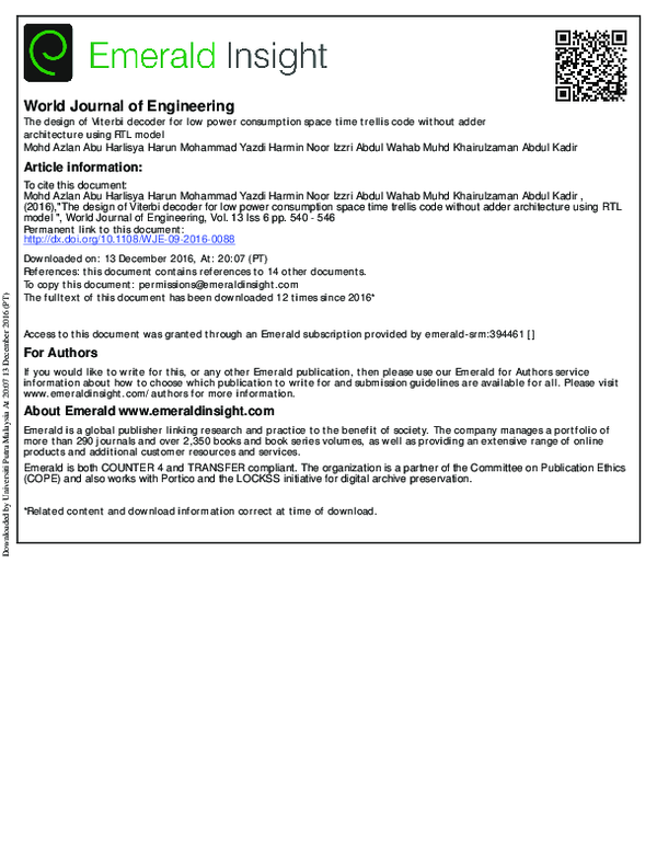 Pdf World Journal Of Engineering The Design Of Viterbi Decoder For Low Power Consumption Space