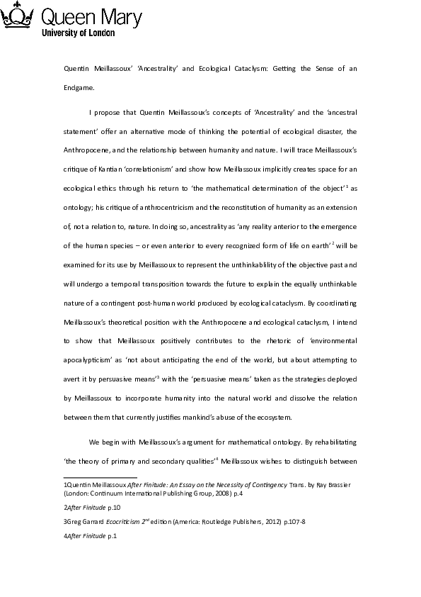 Quentin Meillassoux Ancestrality And Ecological Cataclysm