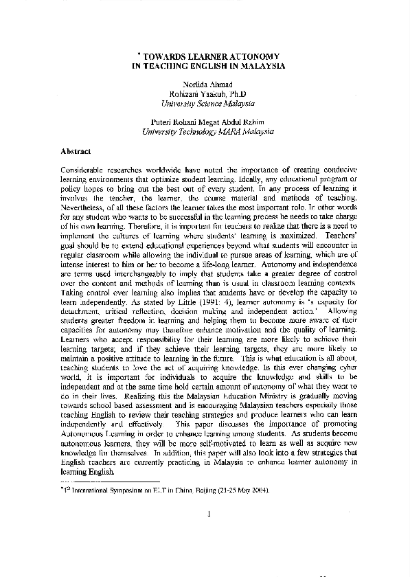 (PDF) Towards Learner Autonomy In Teaching English In Malaysia