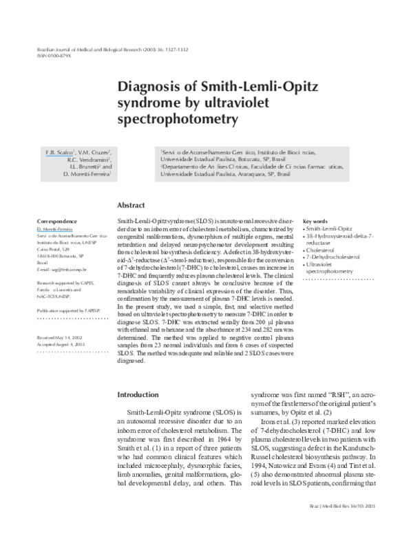 (PDF) Diagnosis of Smith-Lemli-Opitz syndrome by ultraviolet ...