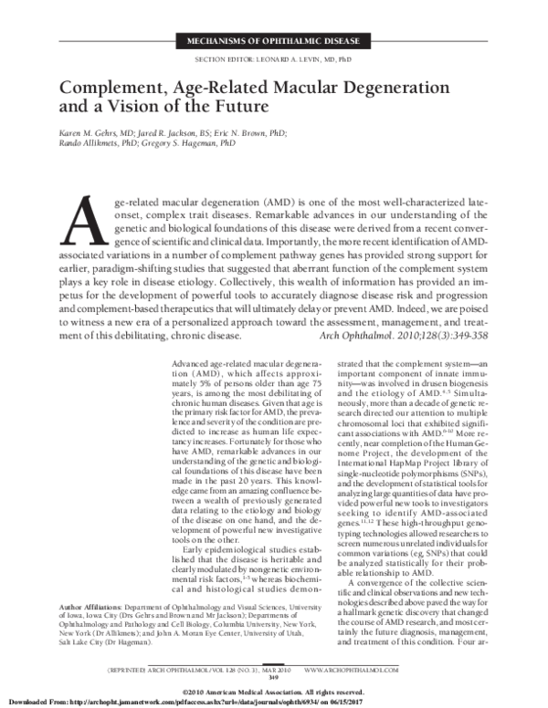 (PDF) Complement, Age-Related Macular Degeneration and a Vision of the ...